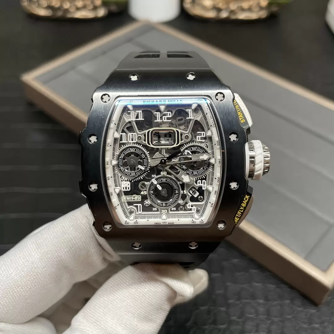 Richard Mille RM11-03 RM1103 Black Carbon KV Factory Best Edition Skeleton Dial on Black Rubber ...